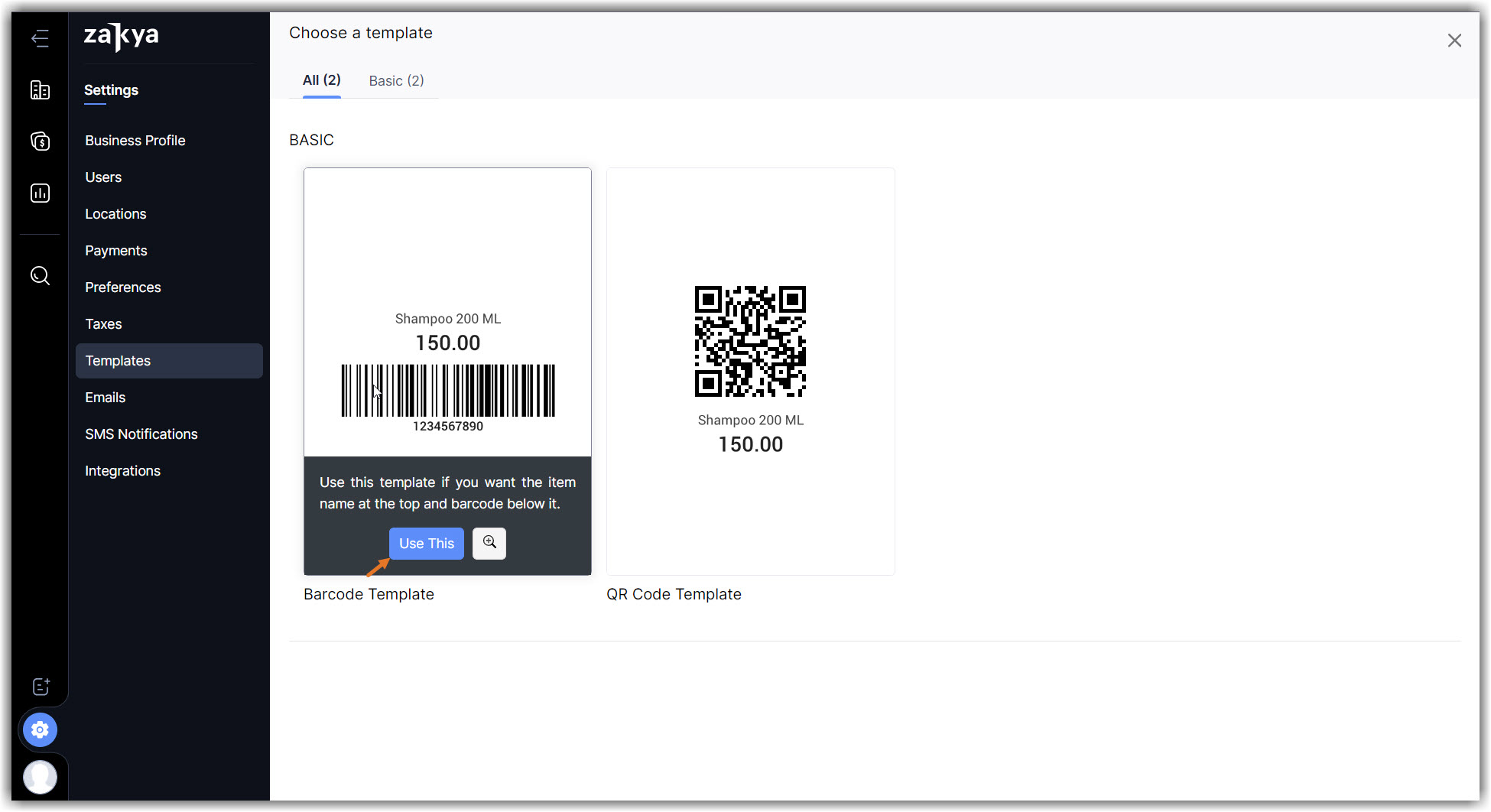 Configure Barcode Template | Online help - Zakya